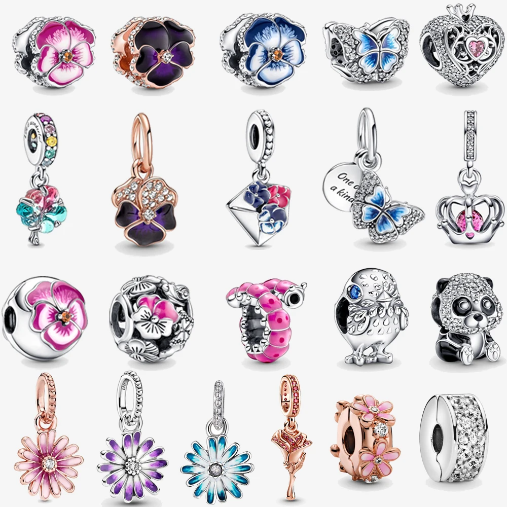 2022 New S925 Silver Color Pansy Flower Heart Crown Charms Bead Safety ...