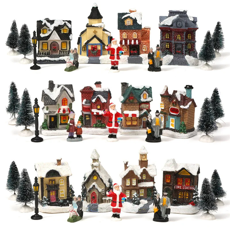 Christmas-Villas-with-Lights-10-Pcs-Snow-House-Santa-Claus-Resin-Houses ...