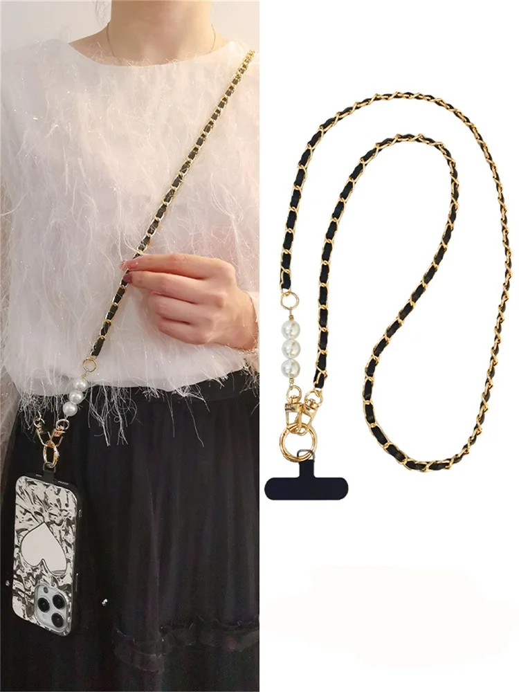 Korea Luxury Metal Pearl Leather Crossbody Lanyard Necklace Strap ...