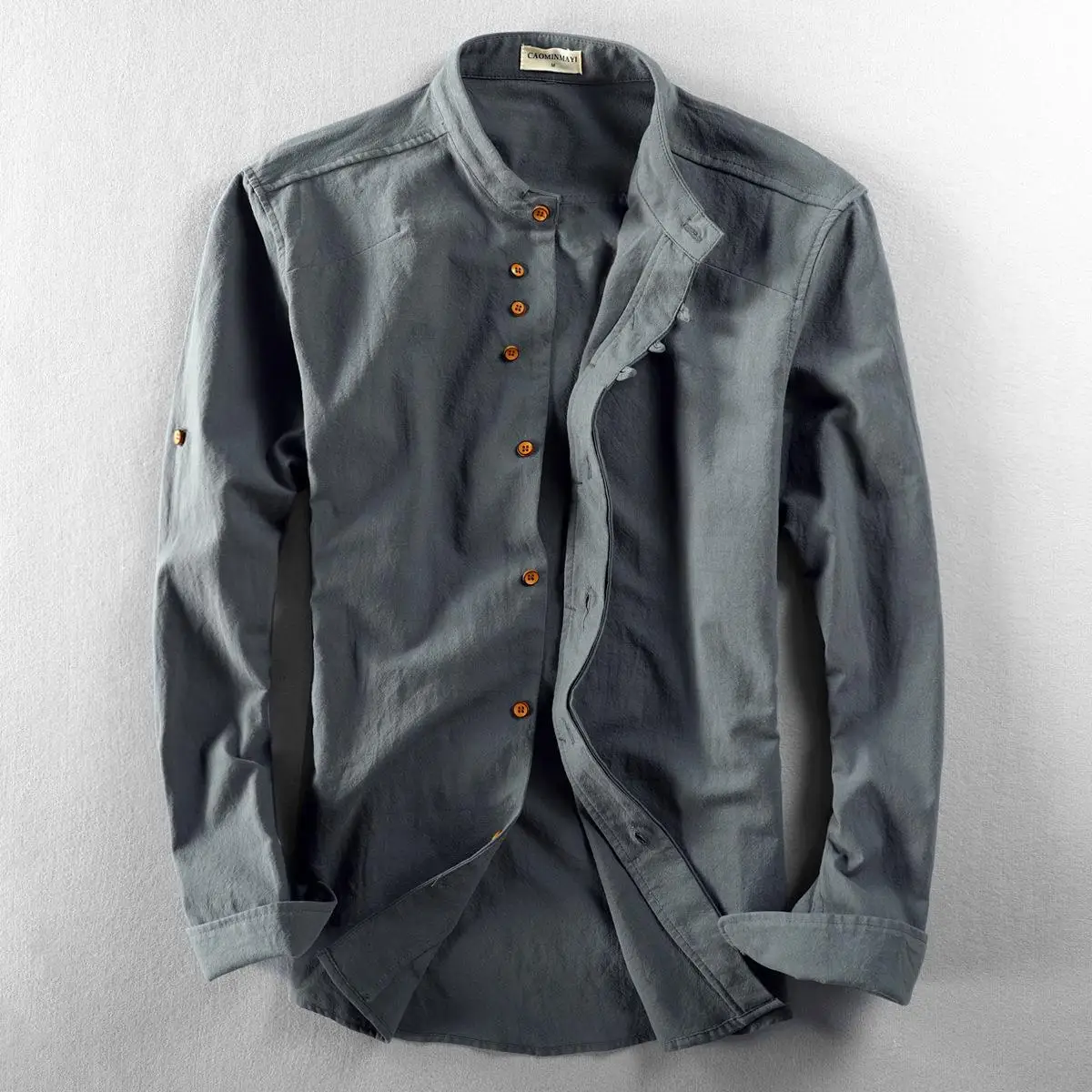 Men's Slim Fit Linen irt Neutral Collar Single Cotton Casual Wear Long ...