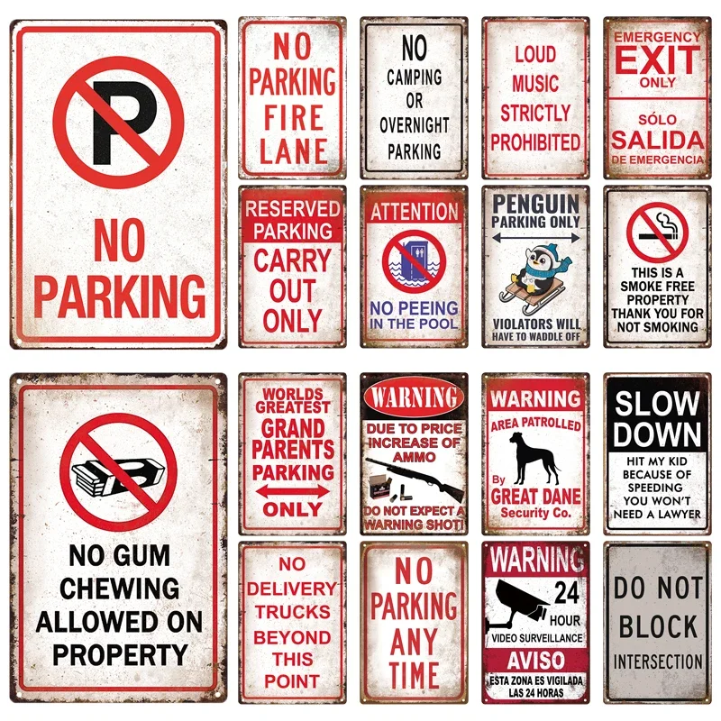 Tin Sign No Parking Slow Down Caution Warning Do Not Pass Metal Vintage ...