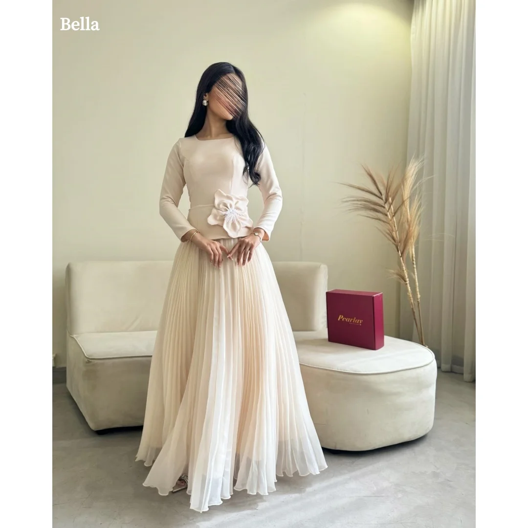 Bella Customized White Flower Long Sleeves A-line robes de soirée Mesh ...