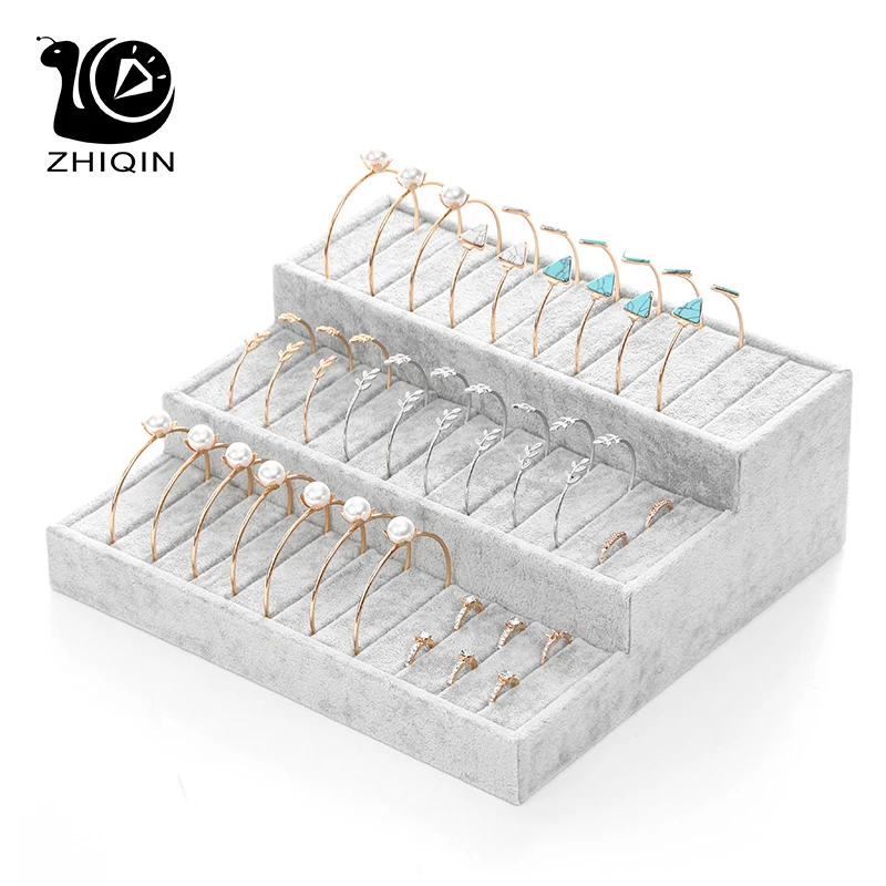 Grey Velvet 3-layer Bracelet Bangle Necklace Display Stand Holder Watch ...