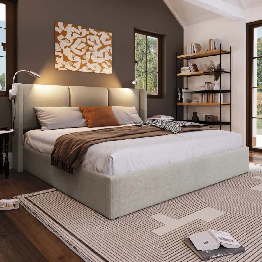 Upholstered headboard with reading lights store