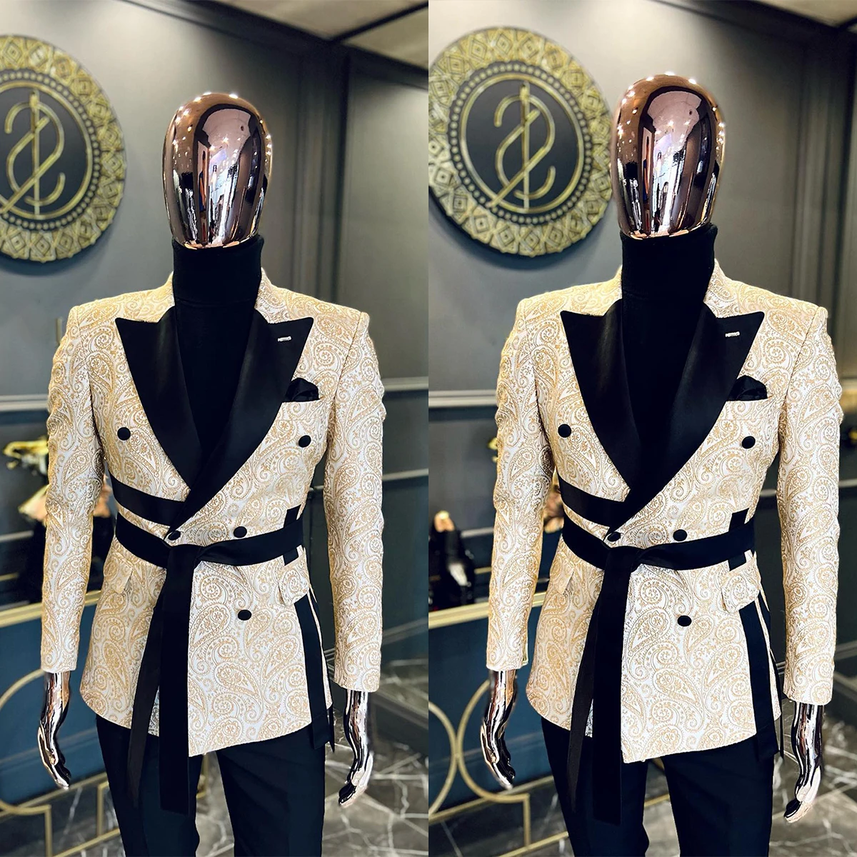 Designer Men Wedding Blazer Floral Jacquard Coat Peaked Lapel Double ...
