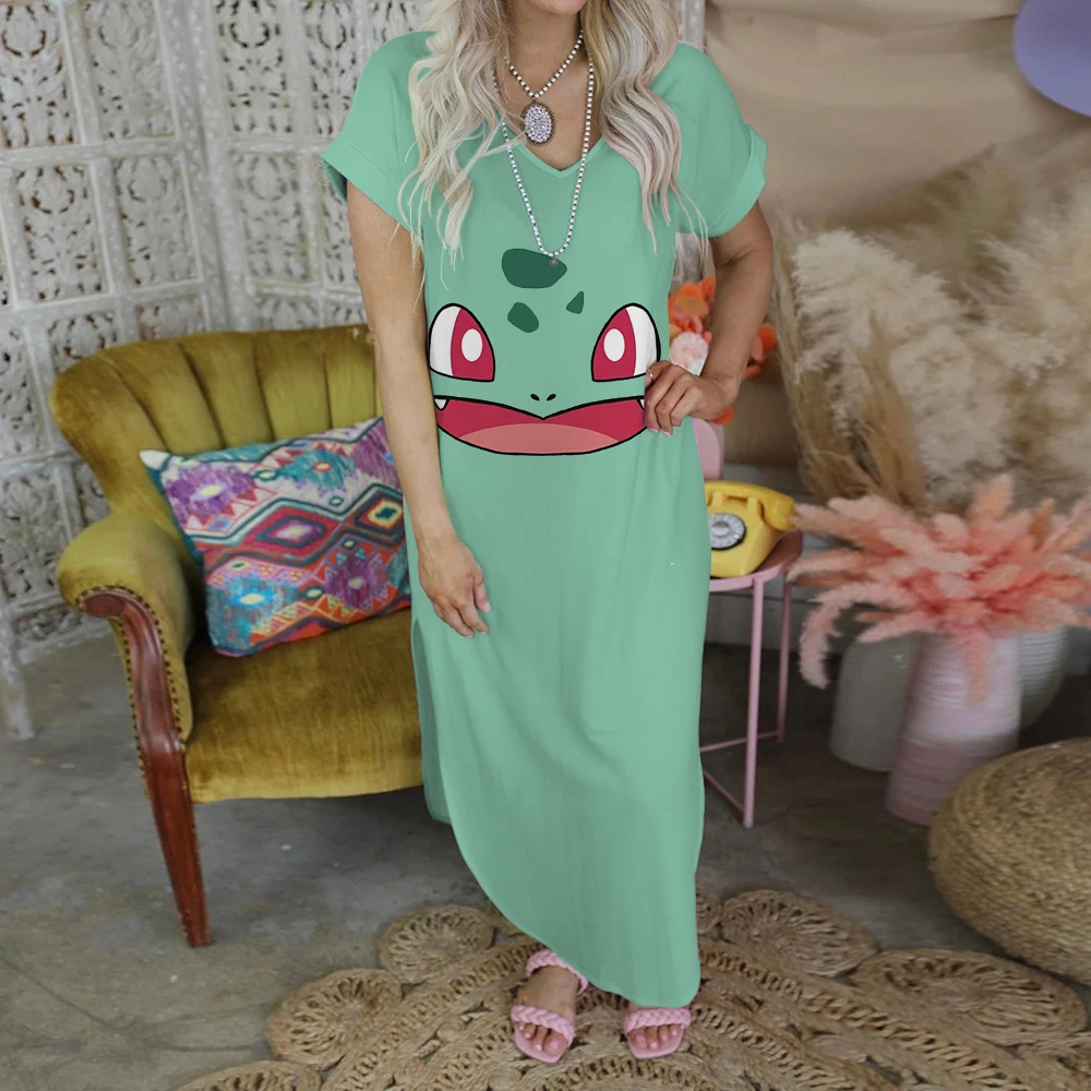Party-Dresses-Long-Dress-V-Neck-Print-Split-Skirt-Pokemon-Robe-Pikachu ...
