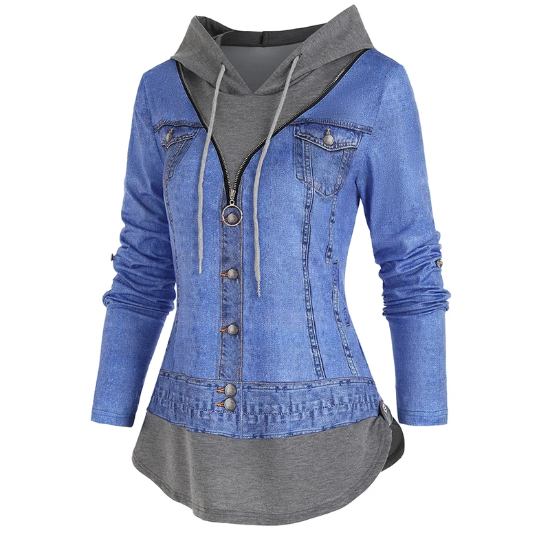 Casual Denim Jacket 3d Print O Ring Zipper Hooded Faux Twinset T Shirt ...