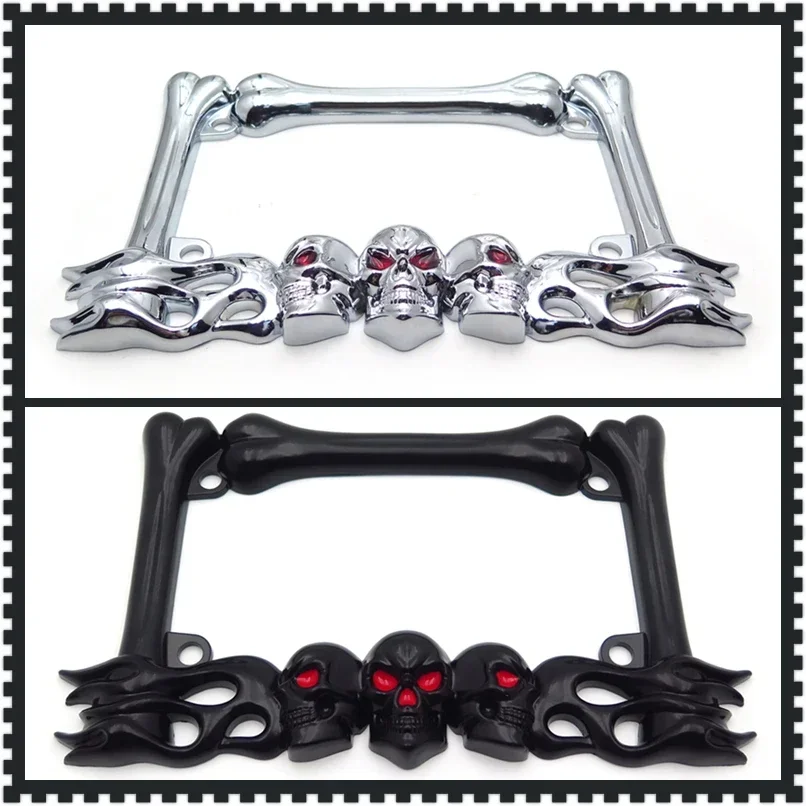 3D SKULL FLAME BONES BLACK MOTORCYCLE LICENSE PLATE FRAME FOR Harley ...