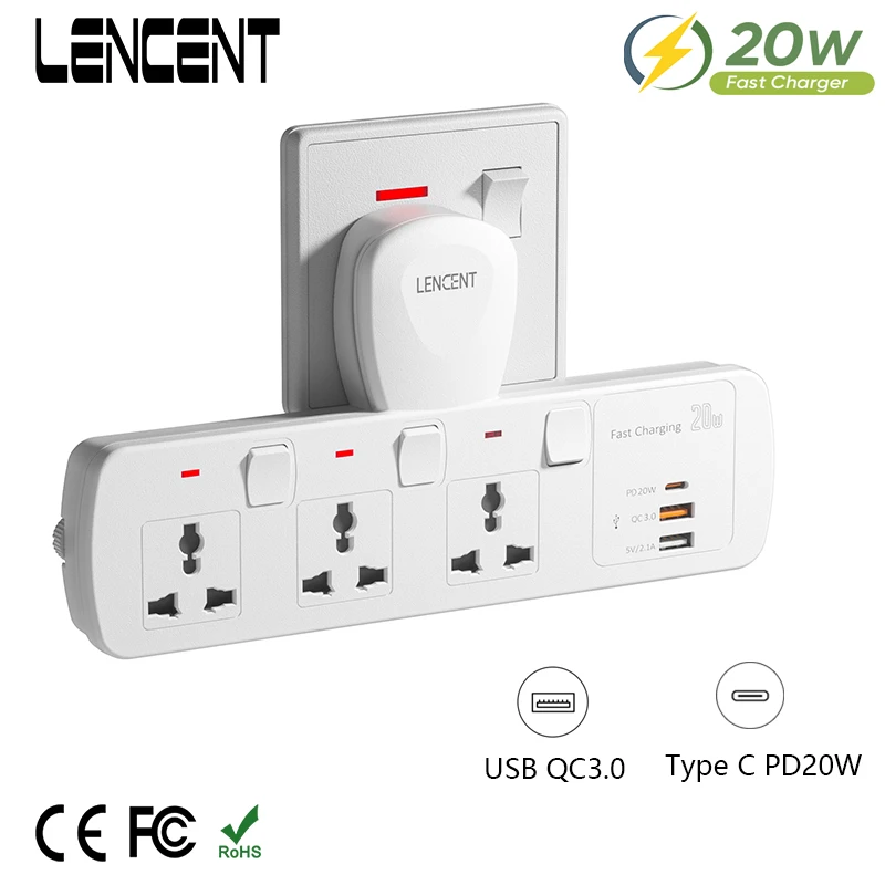 LENCENT-Multi-Extension-Socket-with-3-AC-Outlet-QC-3-0-USB-Fast ...