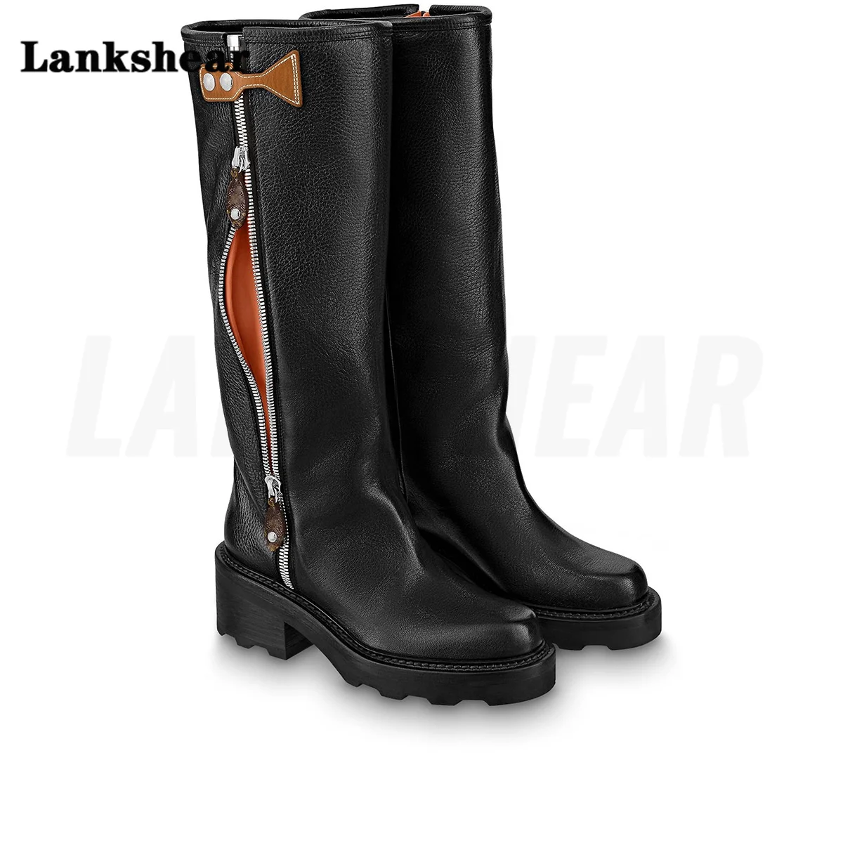 Winter-Boots-Women-New-Round-Toe-Square-Heel-Flat-Boots-Knight-Boots ...