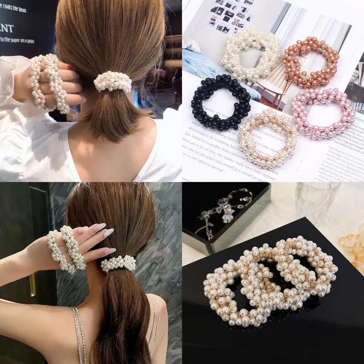 Faux Pearl Beaded Hair Tie Elegant Hair Rope Rhinestone Hair Ring ...