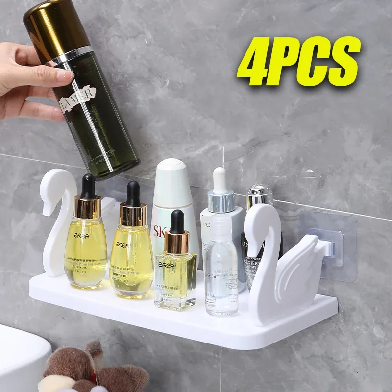 4PCS Swan Shelf Wall Mounted Shelf No Punch Bathroom Storage Storage ...