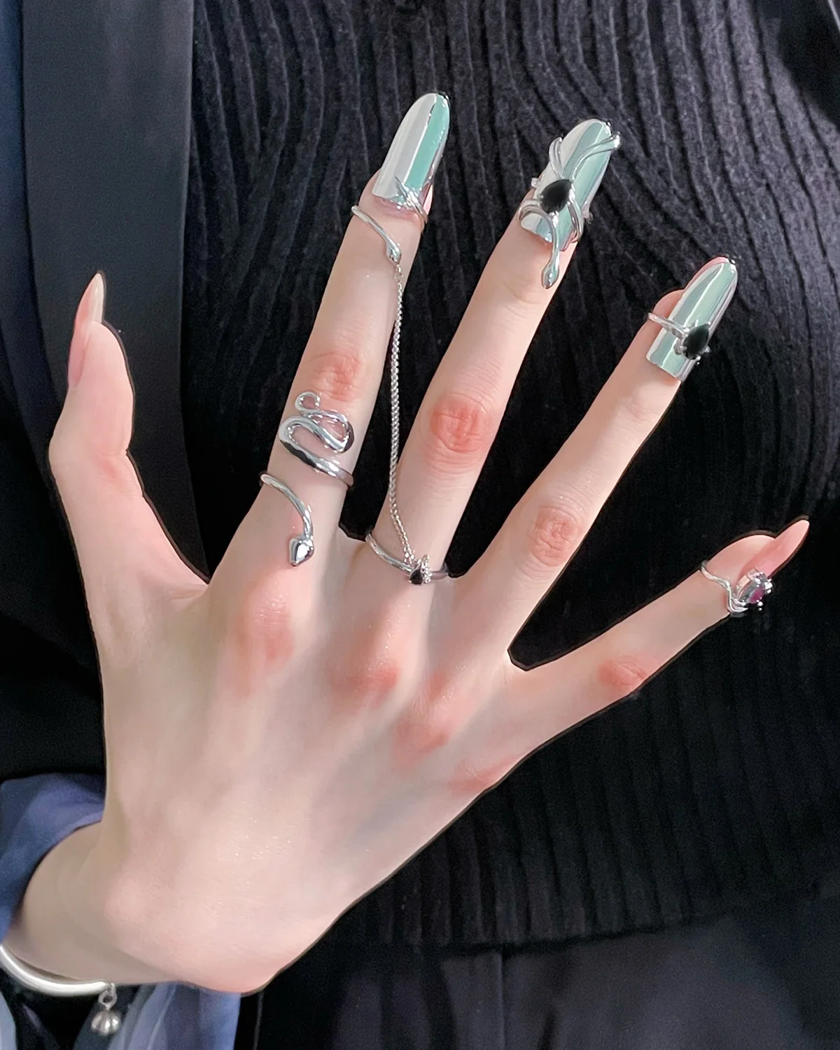 Acrylic Nails With Rhinestones On Ring Finger