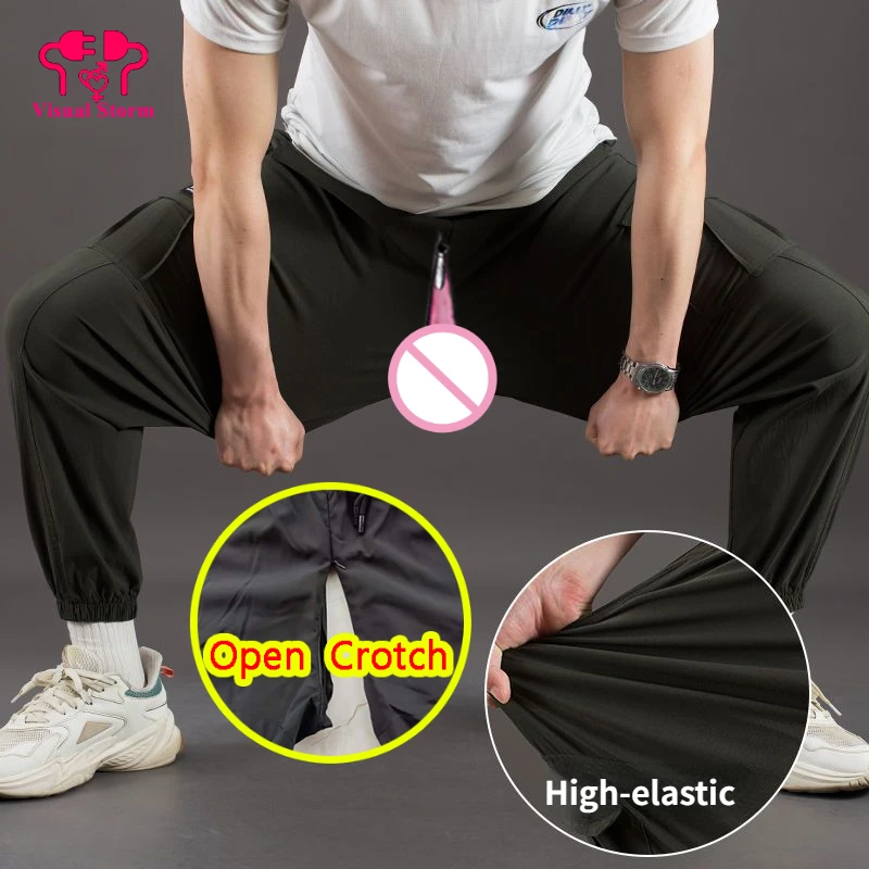 Men-Sexy-Open-Crotch-Pants-Cargo-Super-Elastic-Front-Open-Hole-Crotchless-Trousers-Pocket-Breath ...