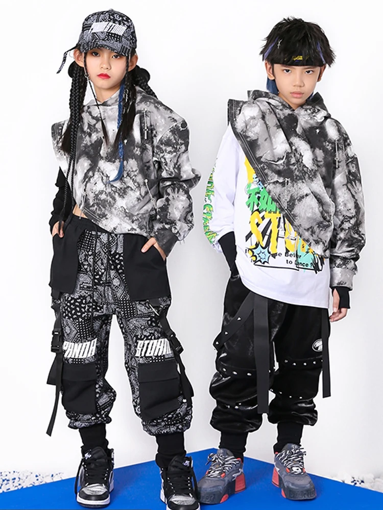 New-Fashion-Hip-Hop-Dance-Costume-For-Kids-Grey-Tie-Dyeing-Tops-Black ...
