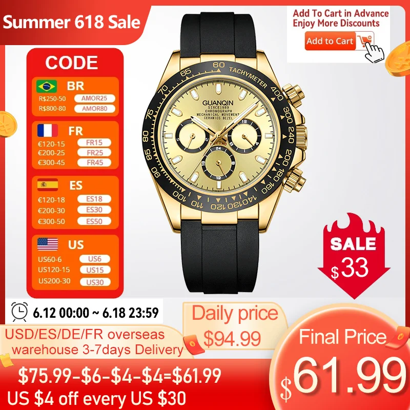 Guanqin New Luxury 100m Waterproof Watches Sapphire Glass Luminous Automatic Week Watch Men ...