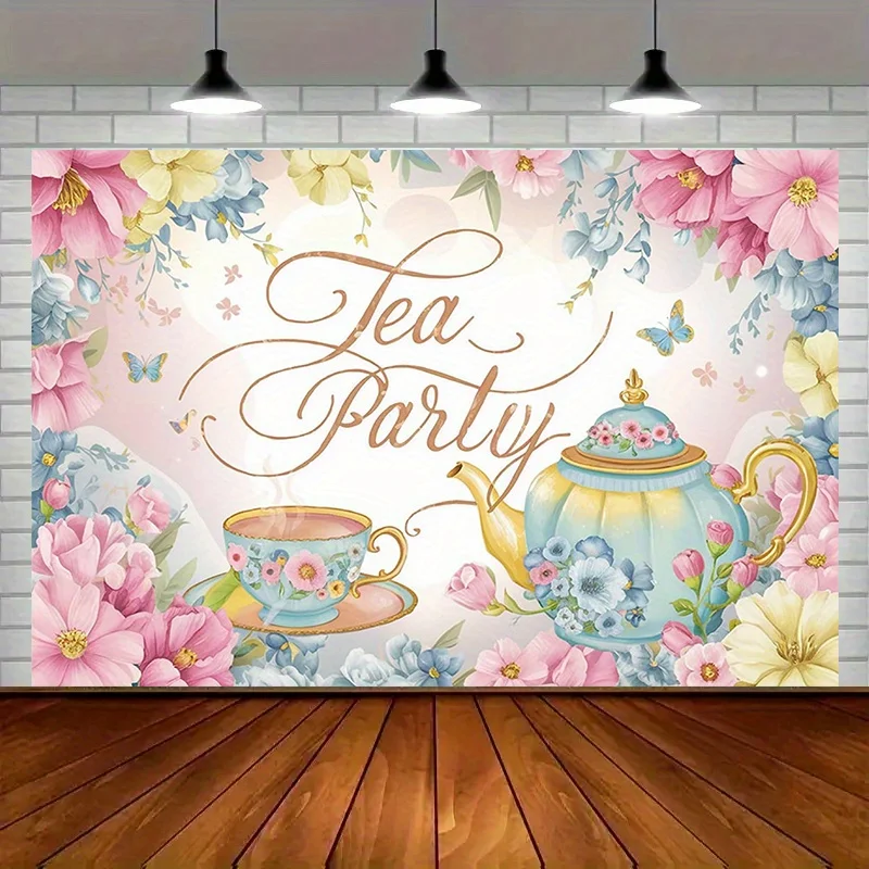 1pc Tea Party Polyester Banner - Vibrant Floral and Teapot Design ...