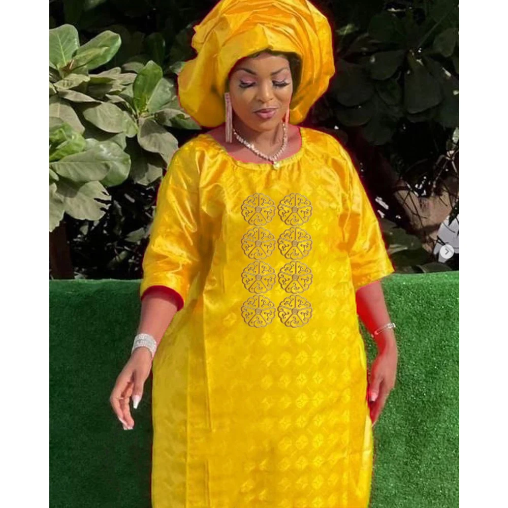 African-Women-Bazin-Robe-Mix-Size-Yellow-Embroidery-Basin-Riche-Dashiki ...