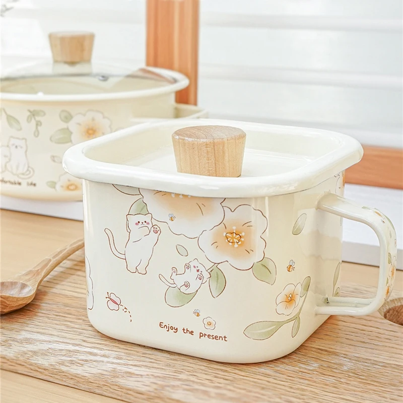 Enamel-Soup-Pot-Lovable-Cat-Flowers-Square-Bowl-with-Lid-Pastoral ...