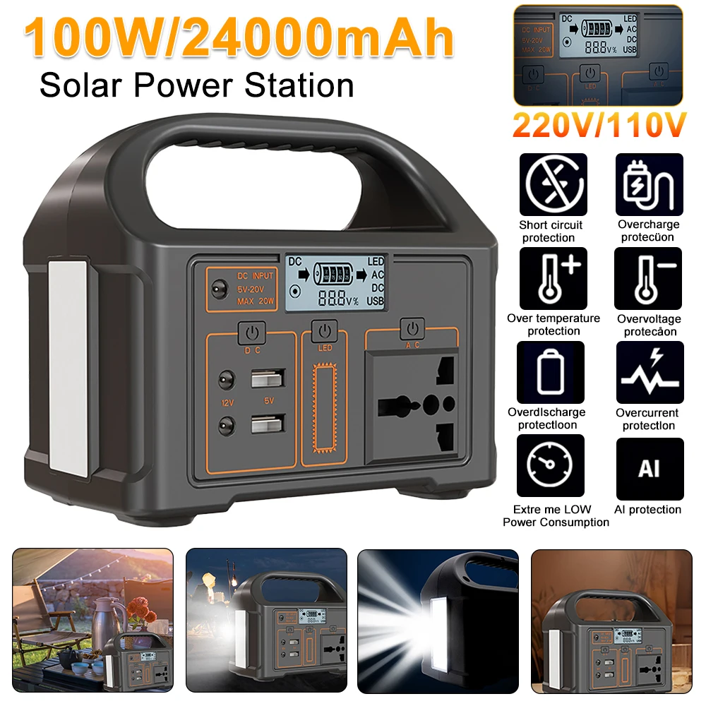 110V-220V-Solar-Power-Station-100W-Portable-Power-Generator-Outdoor ...