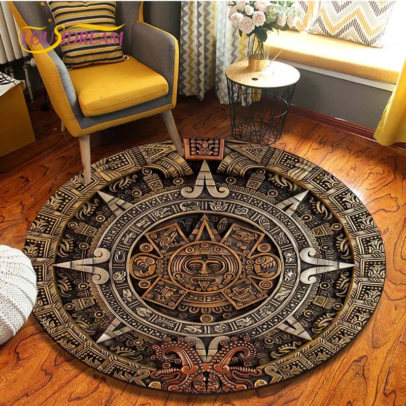 Ancient-Aztec-Ethnic-Tribal-Mayan-Calendar-Print-Round-Rugs-Living-Room ...