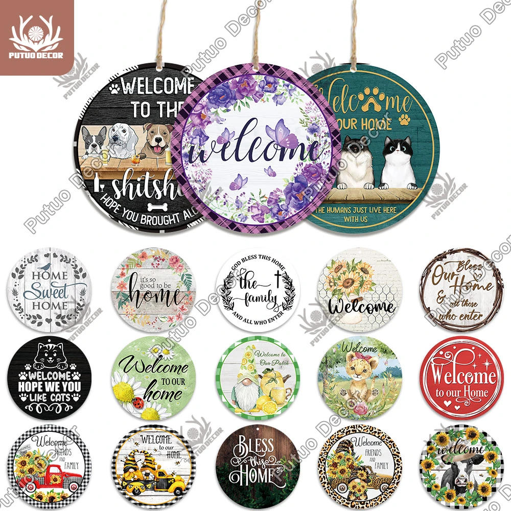 Putuo Decor Welcome Round Wood Sign Wooden Plaque Pastoral Wooden ...