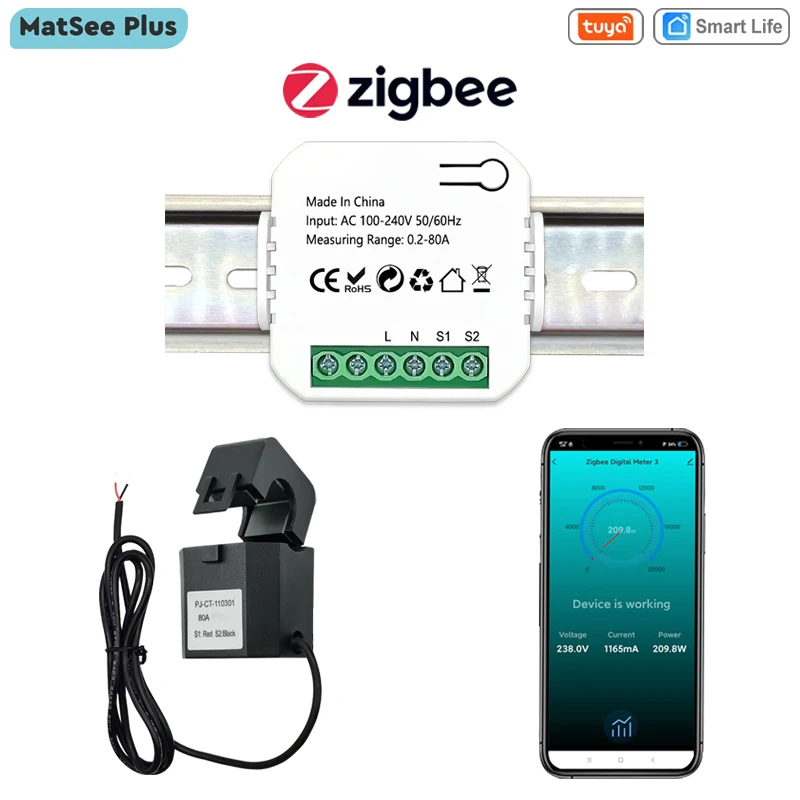 ZigBee-Meter-Energy-Power-Monitor-80A-Clamp-Current-Sensor-Din-Rail ...