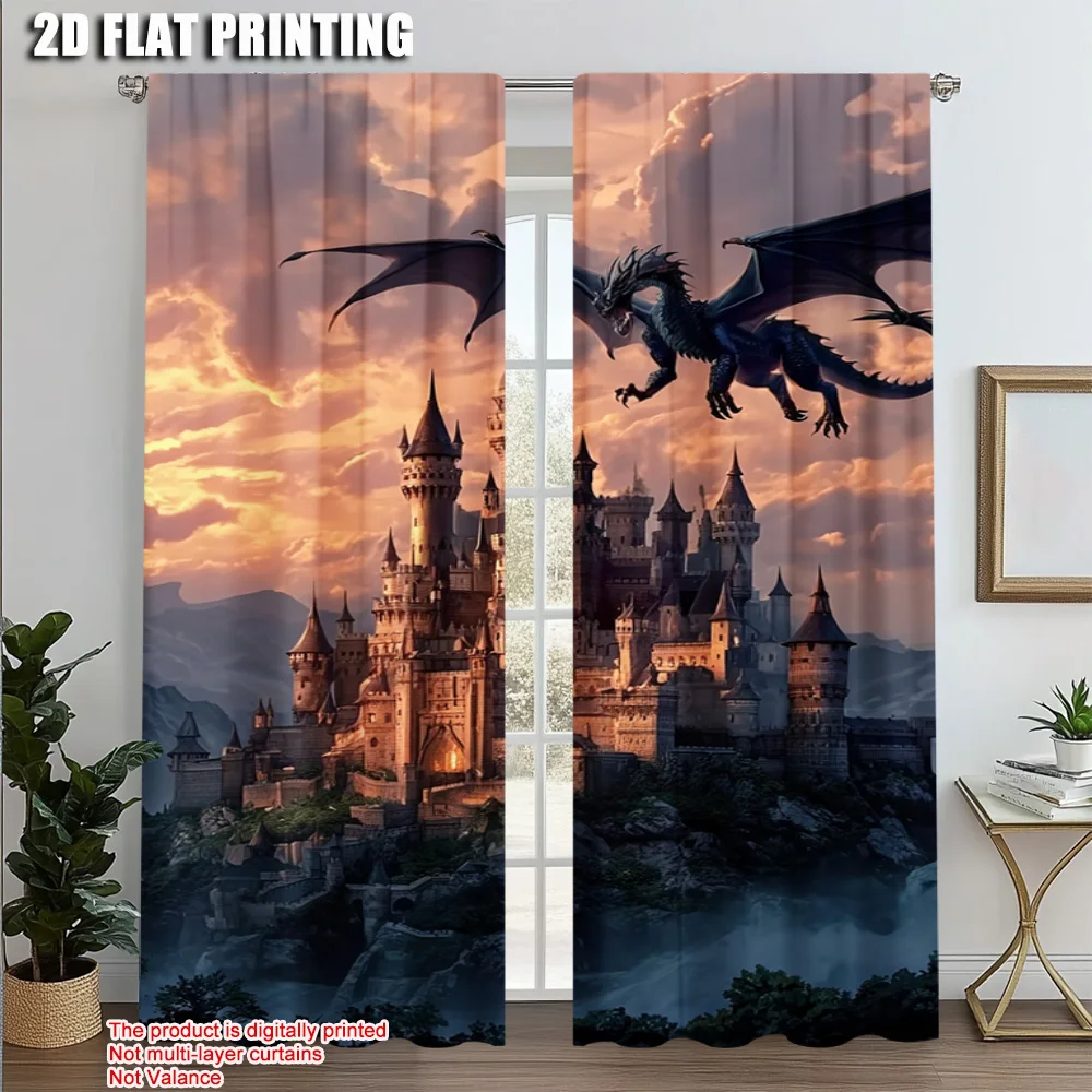 2pcs,2D plane printing Pattern Curtains Fantasy Dragon City Scene ...