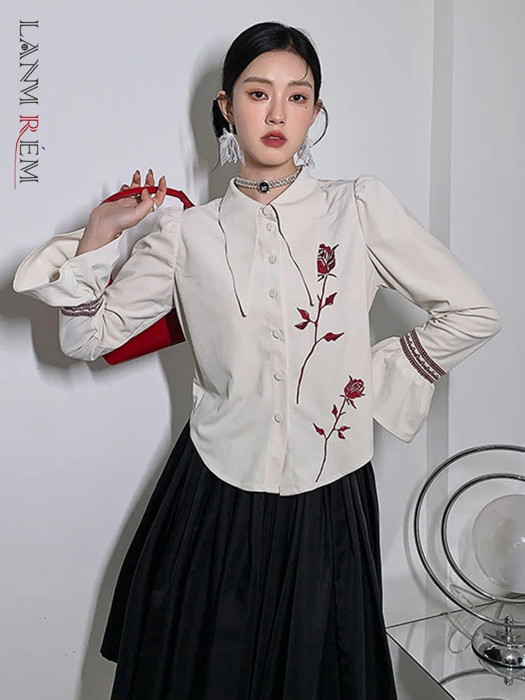 LANMREM Rose Embroidery Shirts For Women Full Flare Sleeve Lapel Single ...