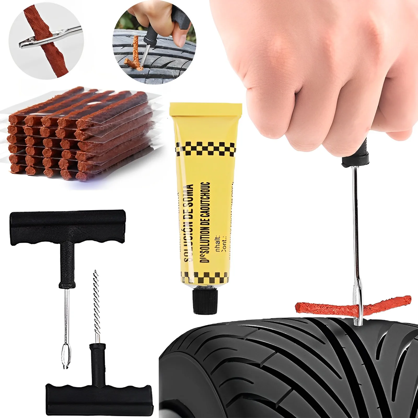 Car Tire Repair Tool Kit with Rubber Strips Tubeless Tyre Puncture ...