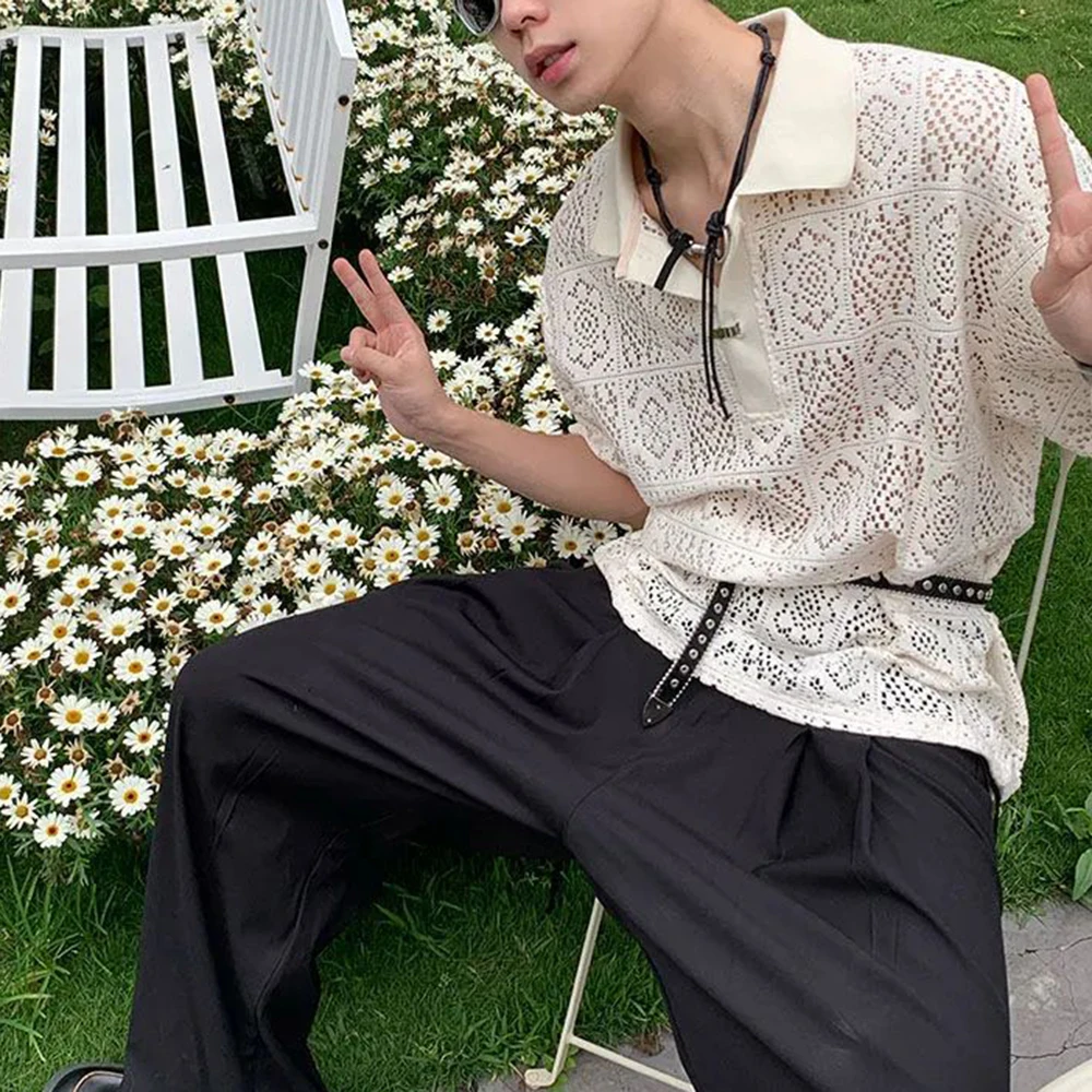 2023 Men's Shirt Lapel Short Sleeve Lace Hollow Out Streetwear See ...