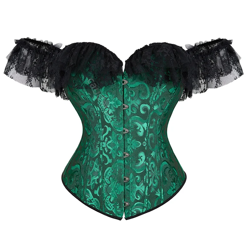 Green-Corset-Bustiers-Top-Women-Jacquard-Lace-Up-Trim-With-Sleeves-One ...