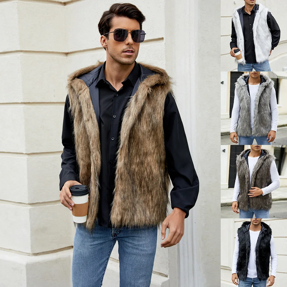 Men-Hooded-Vest-V-Neck-Faux-Fur-Jackets-Sleeveless-Elegant-Splice-Vests ...