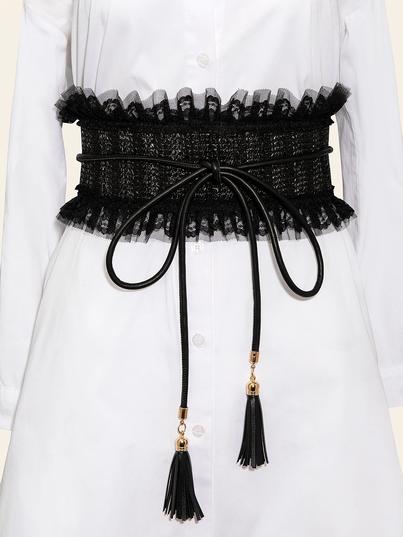 New Women Bow Lace Belt Corset Wide Belt Black PP Grass Layered Girdle ...