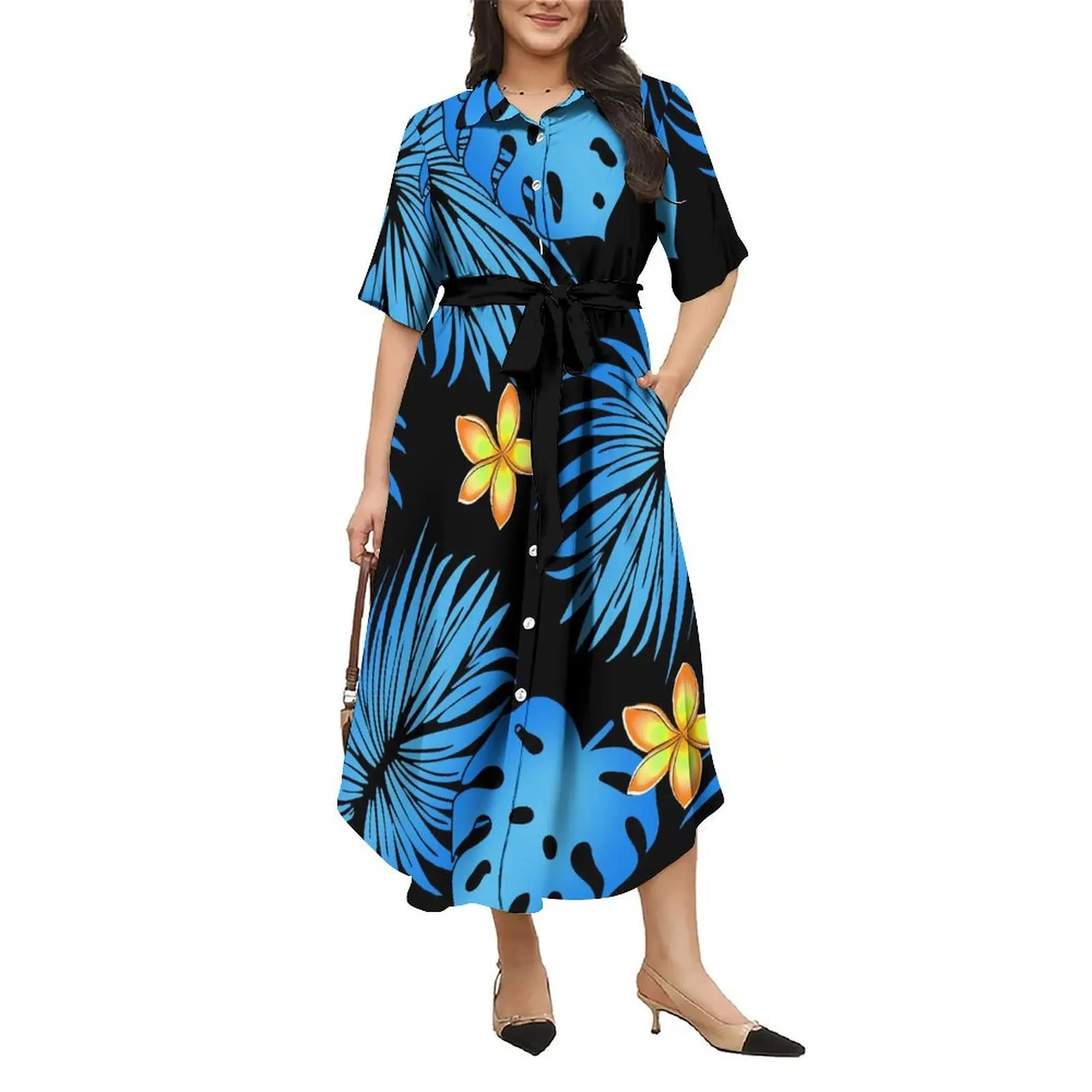 Polynesian Women'S Dress 2025 New Lapel Shirt Belt Dress Full Skirt ...
