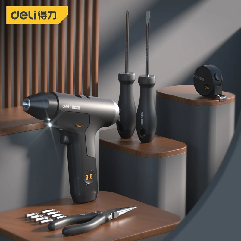 델리 브러시리스 리튬 전기 드릴 전기 스크루 드라이버 뾰족한 코 플라이어 해머 나이프 테이프 측정 스크루 드라이버 세트