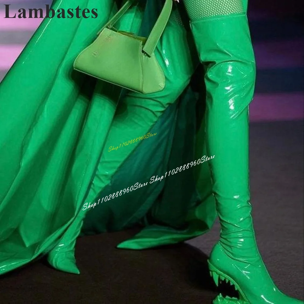 Thigh-High-Green-Soft-Leather-Teeth-Heel-Boots-Strange-Style-Heel-Women ...