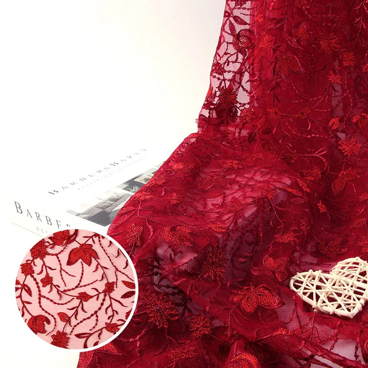 Dark Red Mesh Embroidery Flower Lace Fabric for Wedding Dress Designer ...