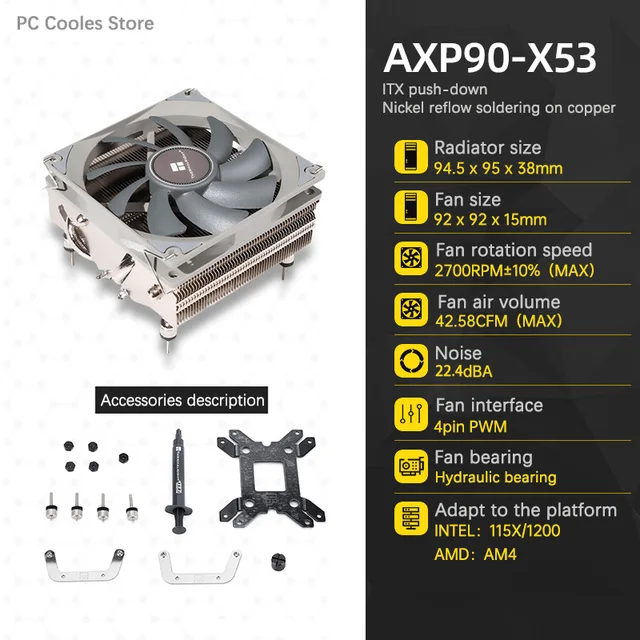Thermalright AXP90 X53 FULL Black 4PIN PWM 4 Heatpipes Thin Multi-platform 53mm ITX CPU Cooler ...