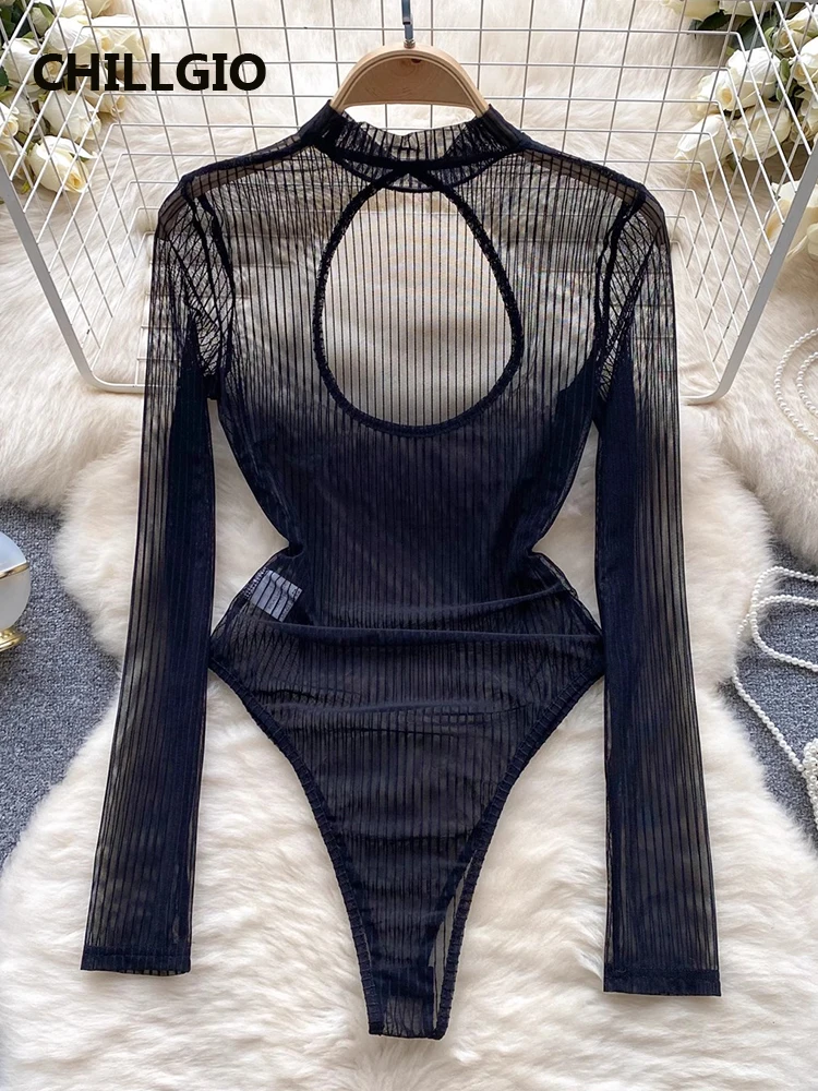CHILLGIO-Women-Transparent-Mesh-Striped-Bodysuits-Fashion-Elastic ...