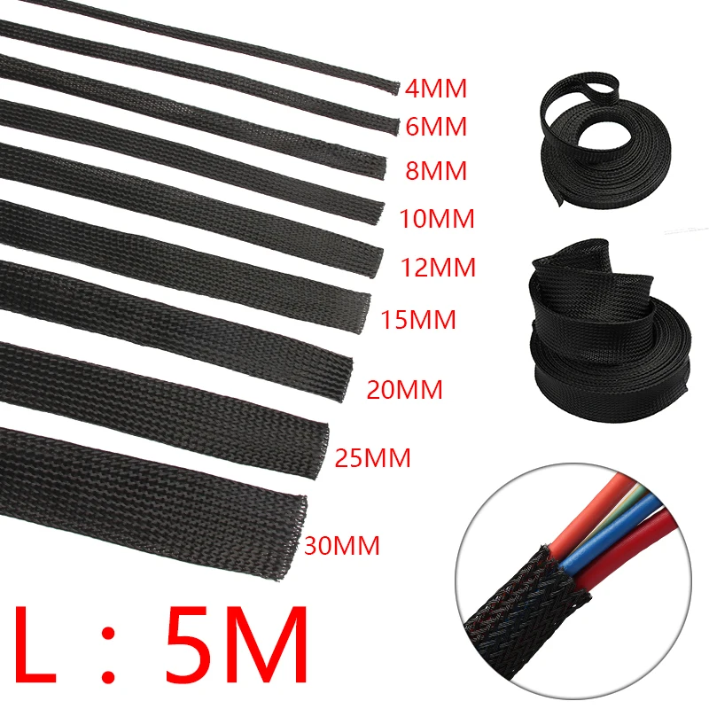 1/5/10/20/50/100M Braided Cable Sleeve Black Insulated PET Expandable ...