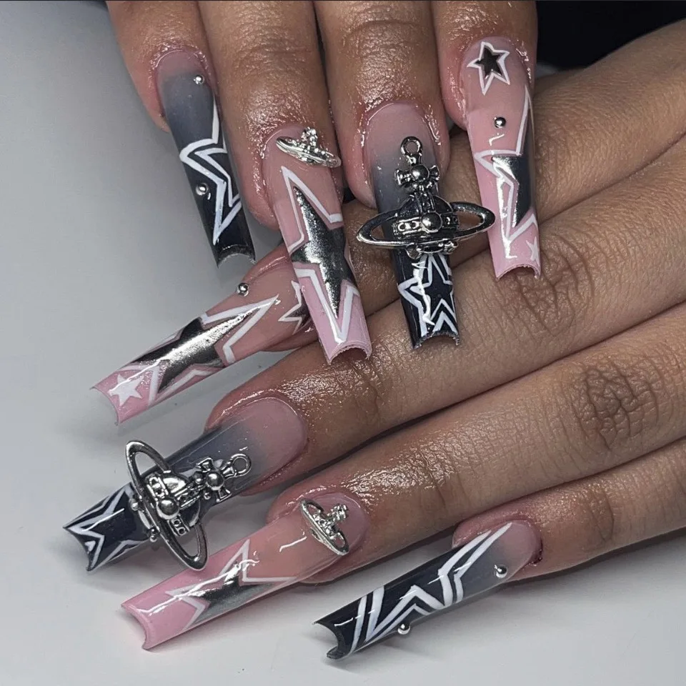 y2k-Nails-Five-pointed-Star-Pattern-False-Nails-Halloween-Style-Long ...