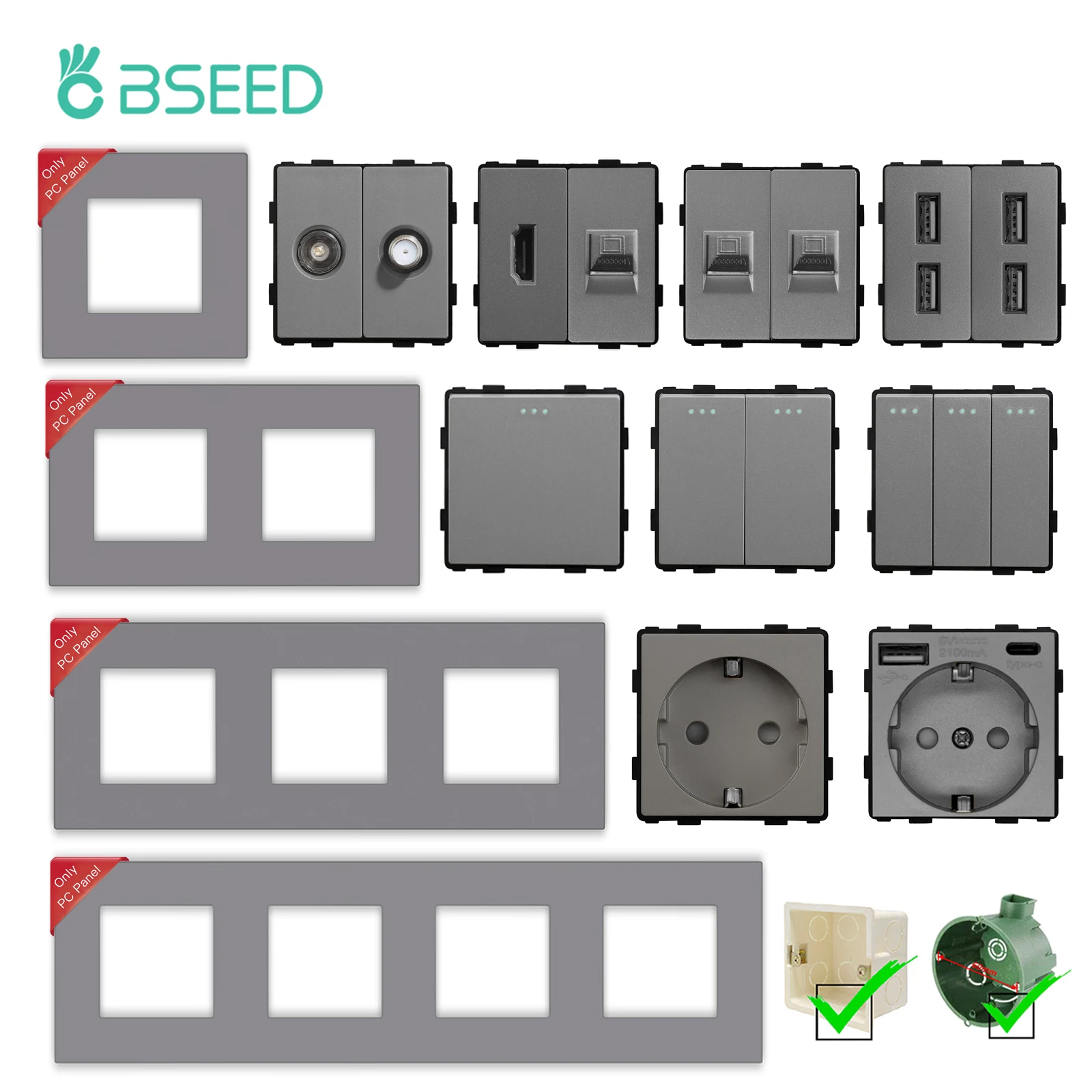 BSEED PC Matte Socket Frames RJ45 CAT5 TV Satellite Type-c Double USB ...
