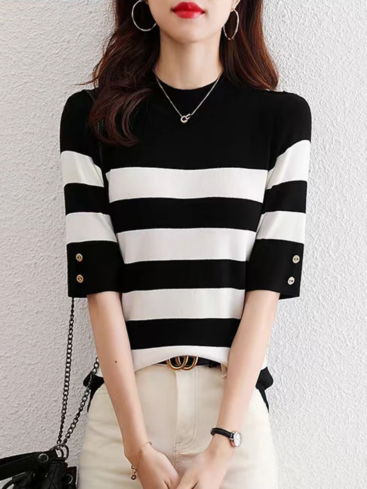 New-Striped-Sweater-Summer-Thin-Button-Up-Top-Women-Clothes-Black ...