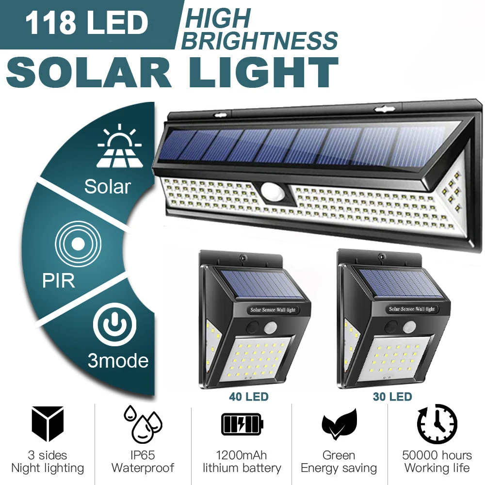 118LED-40LED-30-LED-Solar-Wall-Lamp-3-Surface-Light-With-Motion-Sensor ...