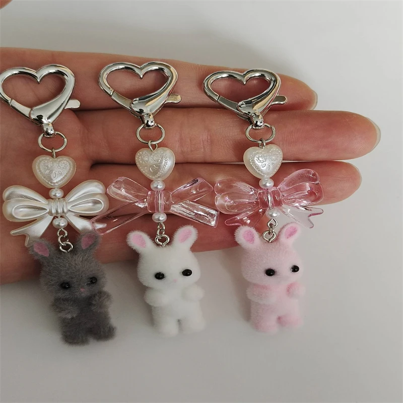 Cute-fuzzy-white-bunny-heart-bow-key-chain-rabbit-trinket-animal-kawaii ...