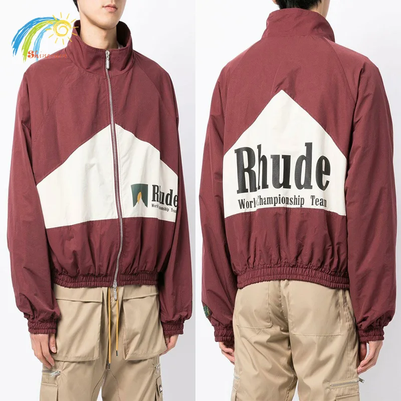 Red Color Matching Sunset Print Rhude Jacket Men Women Casual Hip Hop ...