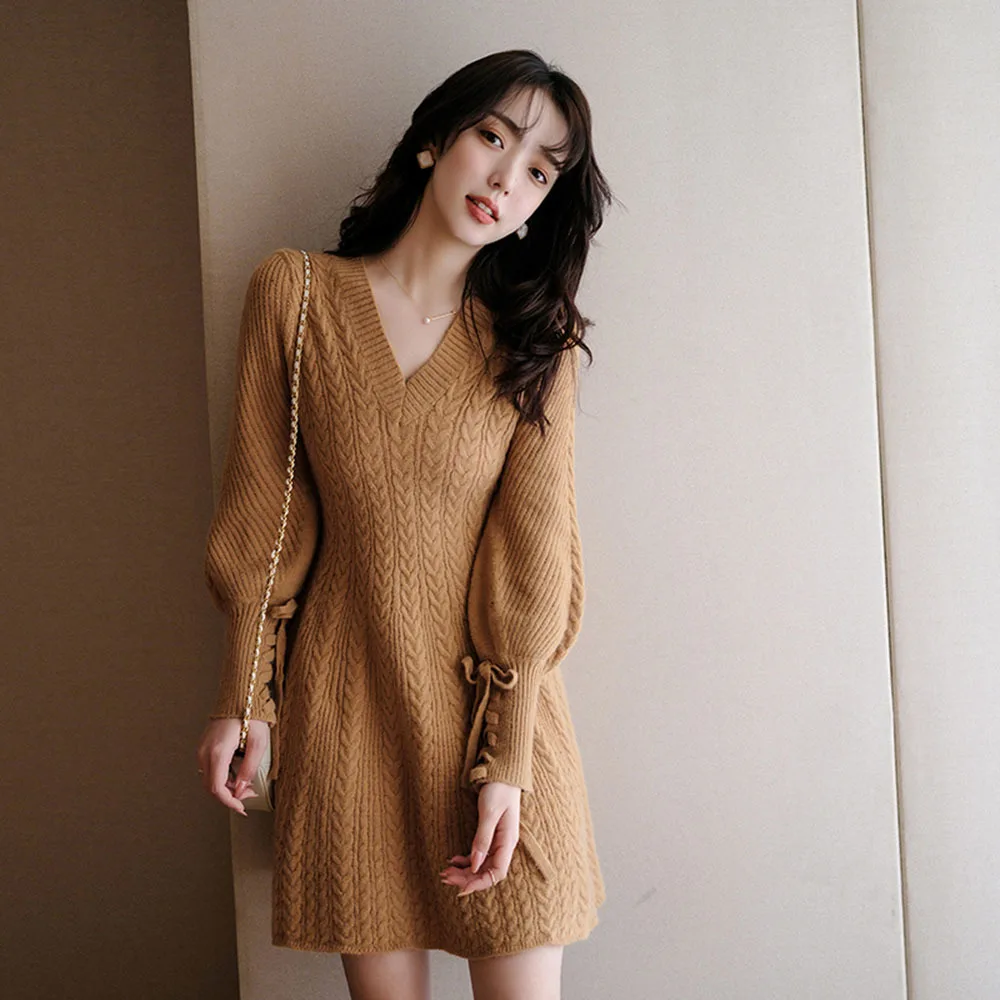 Winter-2022-Elegant-Lace-up-Lantern-Sleeve-A-line-Knitted-Dress ...