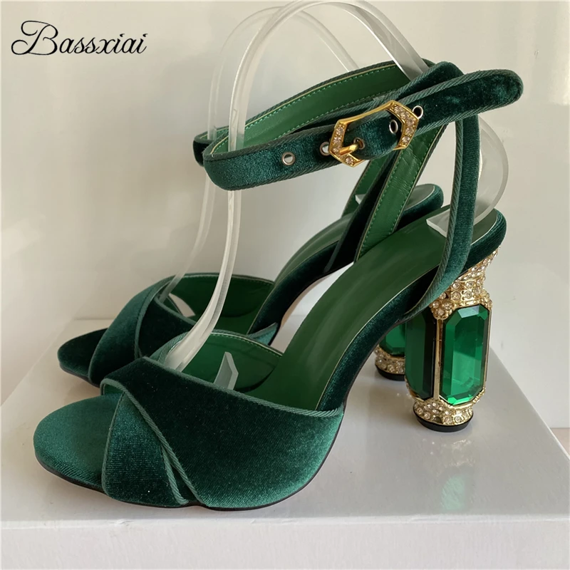Luxury Velvet Cross Band Sandals Women Ankle Strap Jeweled Crystal ...