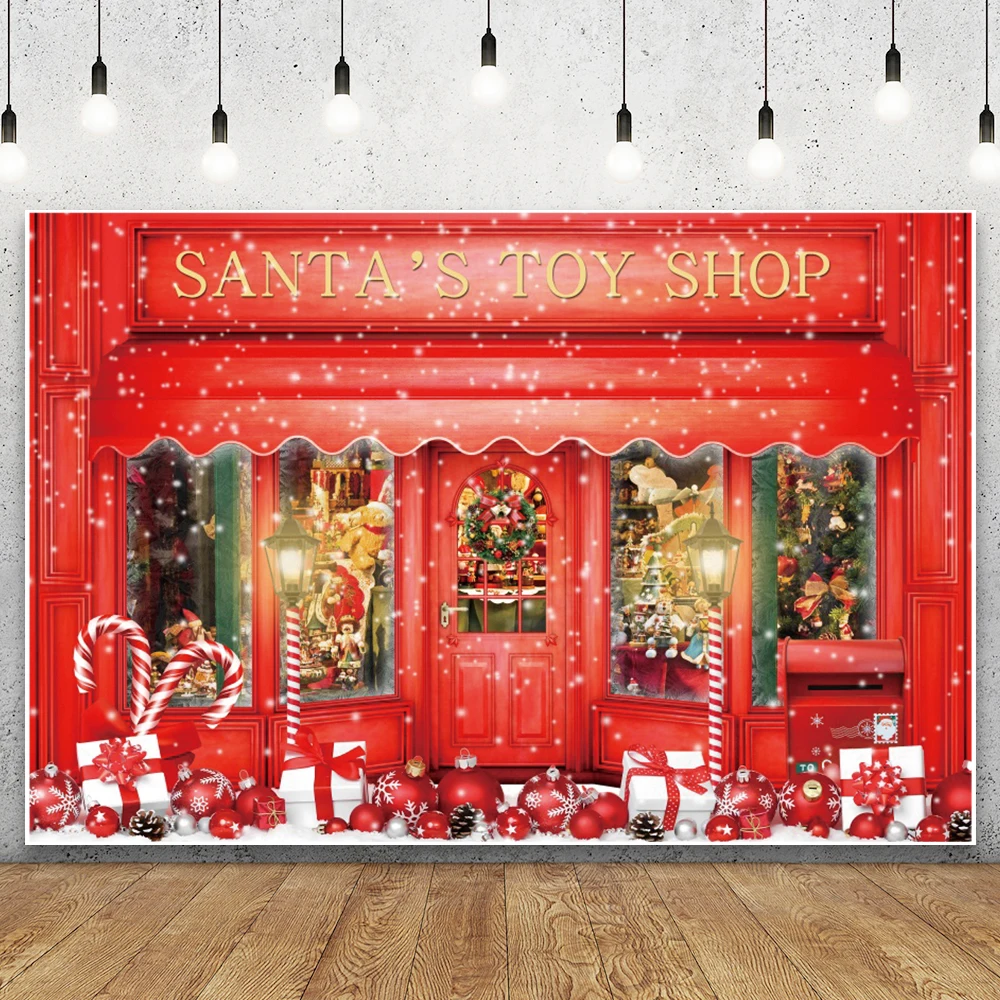 Christmas Backdrop Red Christmas Photo Backdrop Santa's Toy Shop Candy ...